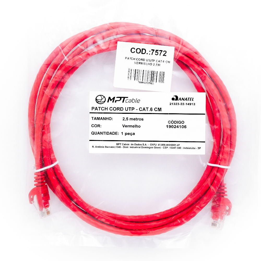 Patch cord u/utp cat6 cm vermelho 2,5m Patch cord u/utp cat6 cm vermelho 2,5m